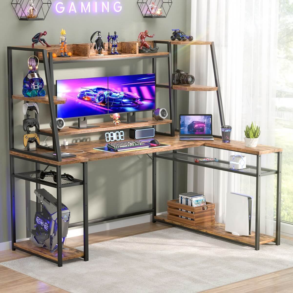 Aheaplus L Shaped Gaming Desk with Hutch, Corner Desk with Charge ...
