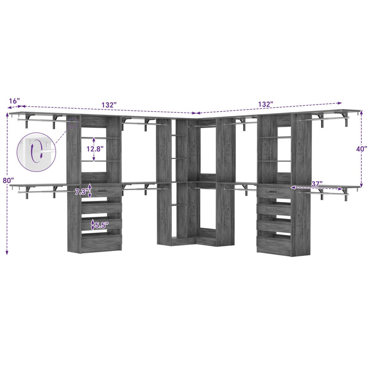Aheaplus 95'' - 132'' Closet System with Drawers, Shelves & Corner ...
