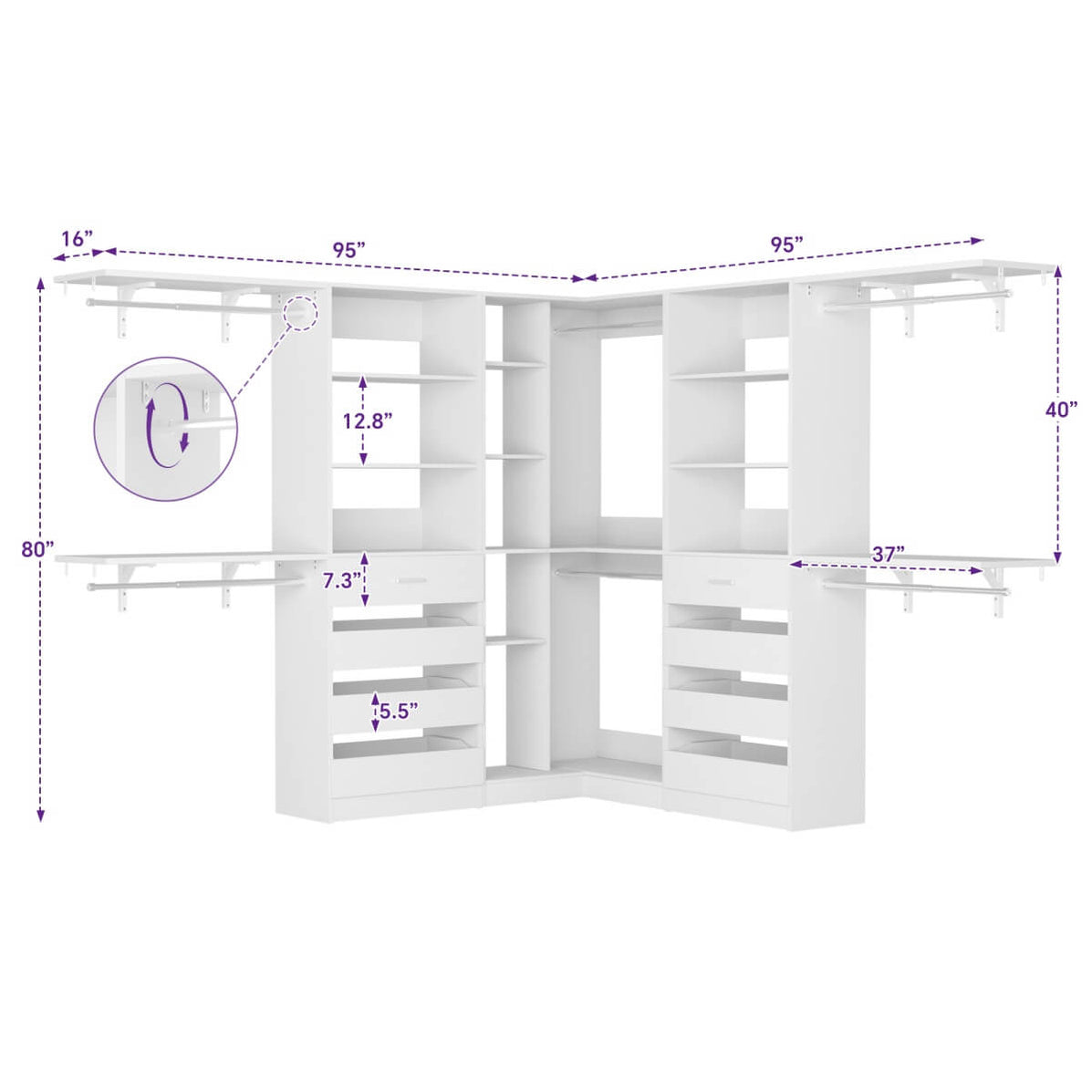 Aheaplus 95'' - 132'' Closet System with Drawers, Shelves & Corner ...
