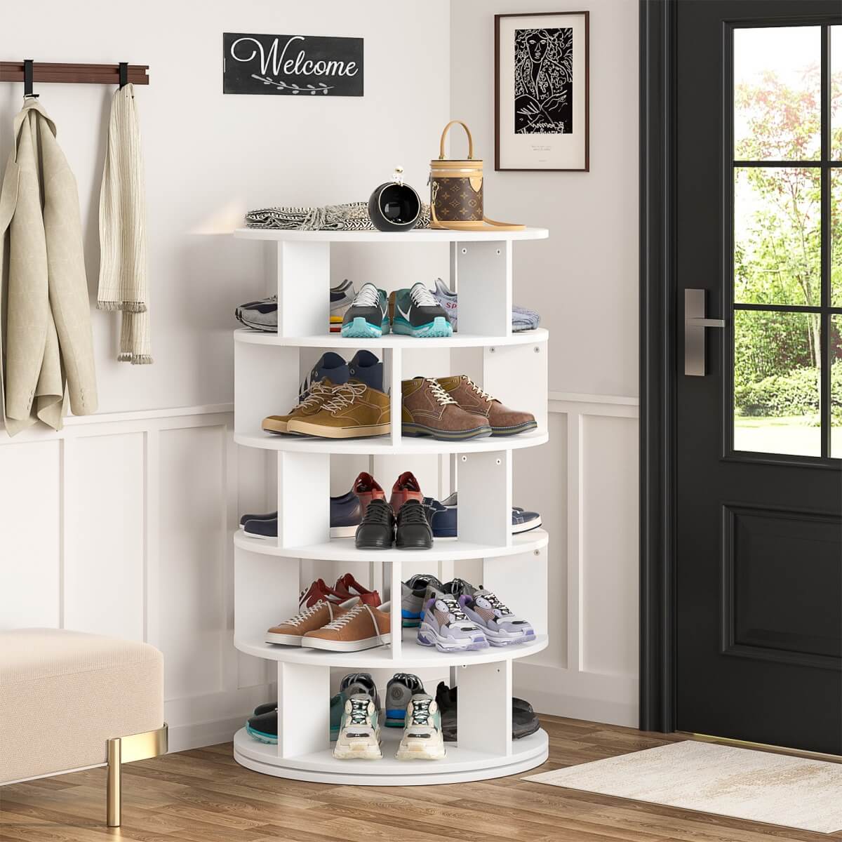 Aheaplus 5-Tier Wooden Rotating Shoe Rack, Spinning Shoe Storage Tower