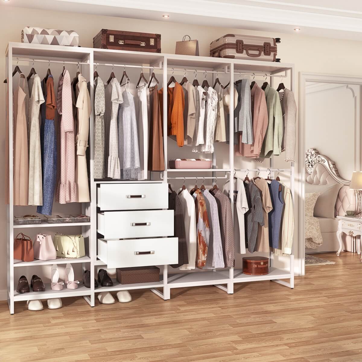 Aheaplus 74'' Length Large Clothing Rack Wardrobe Closet with 3 Wooden ...