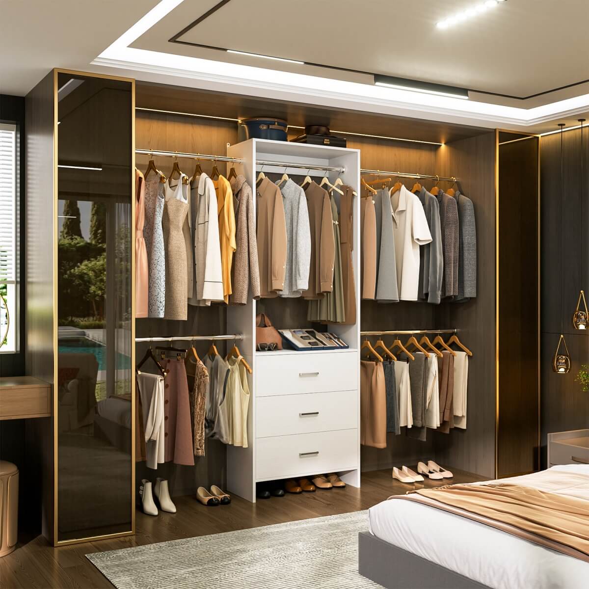 Aheaplus 118 Inch Closet System with 3 Drawers & 5 Hanging Rods